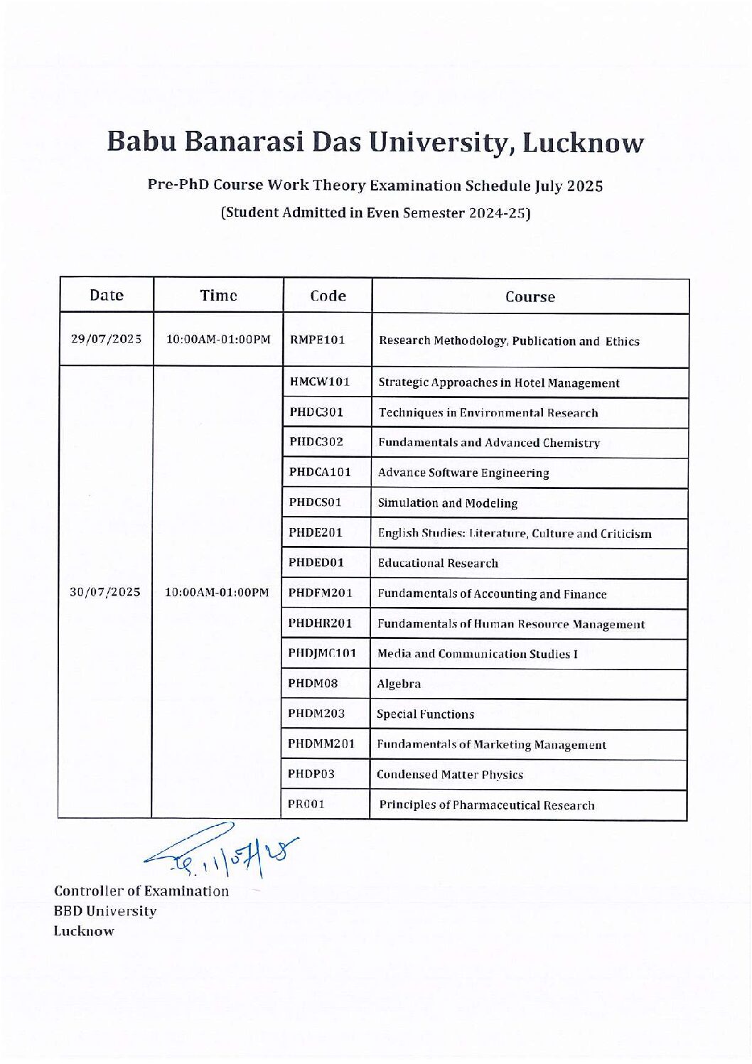 pre-phd-course-work-theory-examination-schedule-july-2025 | BBDU